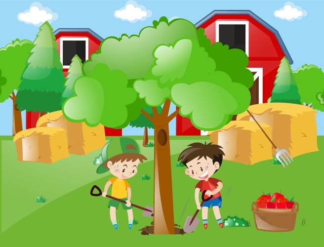 Farmer planting tree in garden cartoon Royalty Free Vector