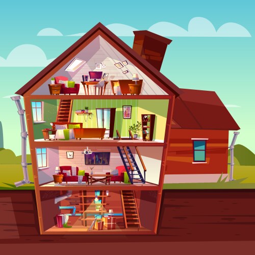 Cartoon multistorey house in cross section Vector Image