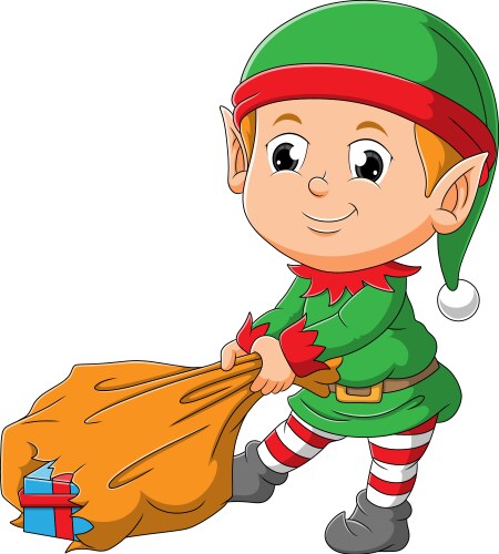 Cartoon christmas elf hugging a sack of gifts Vector Image
