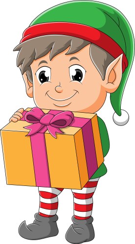 Cute elf sitting and holding a gift Royalty Free Vector
