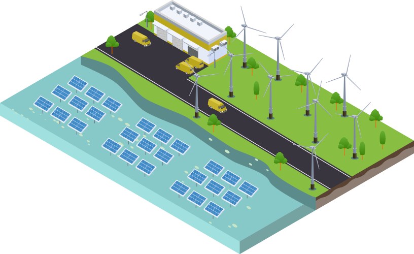 Isometric scene of wind turbines generating Vector Image Isometric scene of wind turbines generating Vector Image