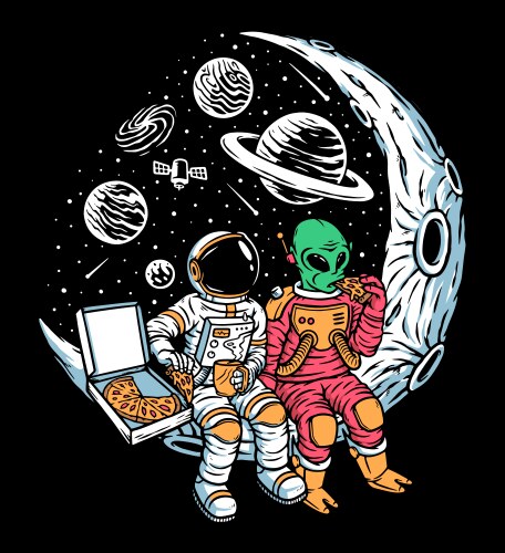 Astronauts lie relaxed on a crescent moon between Vector Image
