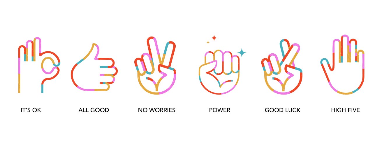 Hand gestures icons set with name Royalty Free Vector Image