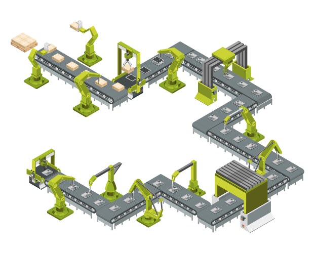Isometric factory automated mechanised conveyor Vector Image