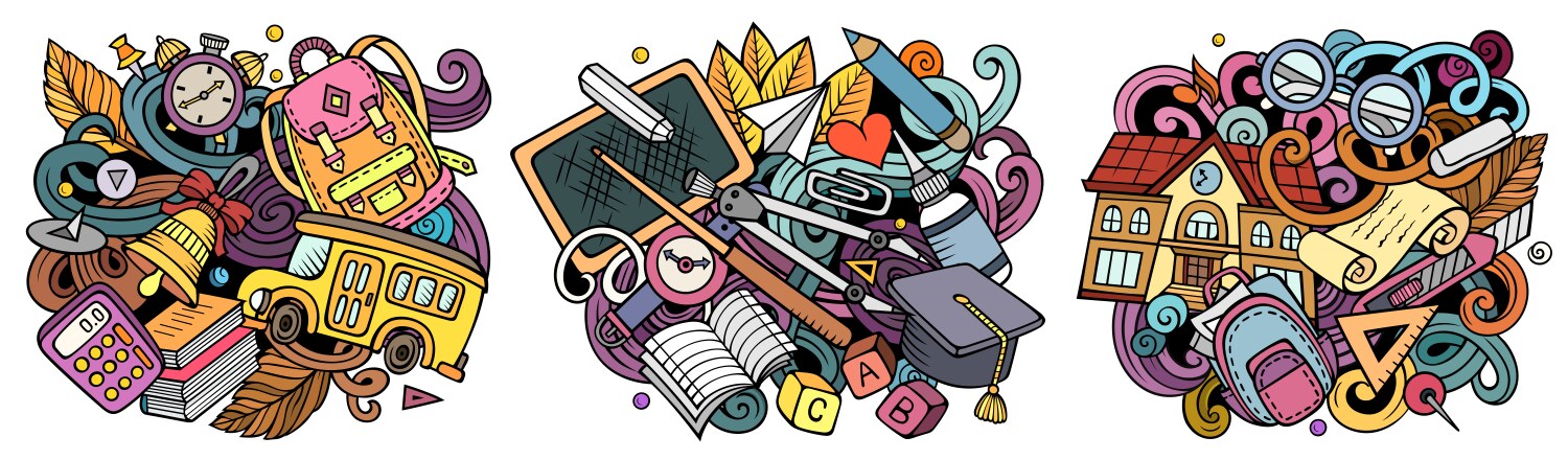 School cartoon doodle designs set Royalty Free Vector Image
