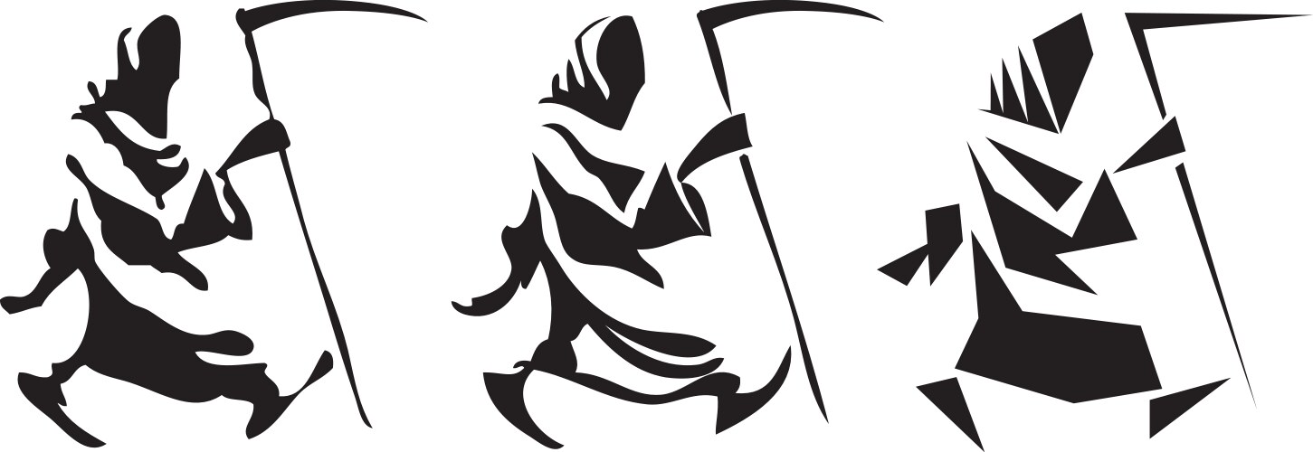 Four grim reaper poses holding scythes posing Vector Image