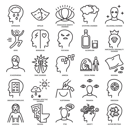 Set of thin line mental health icons Royalty Free Vector