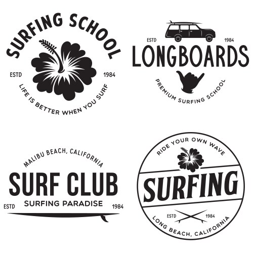 Vintage surf logos monochrome set Royalty Free Vector Image