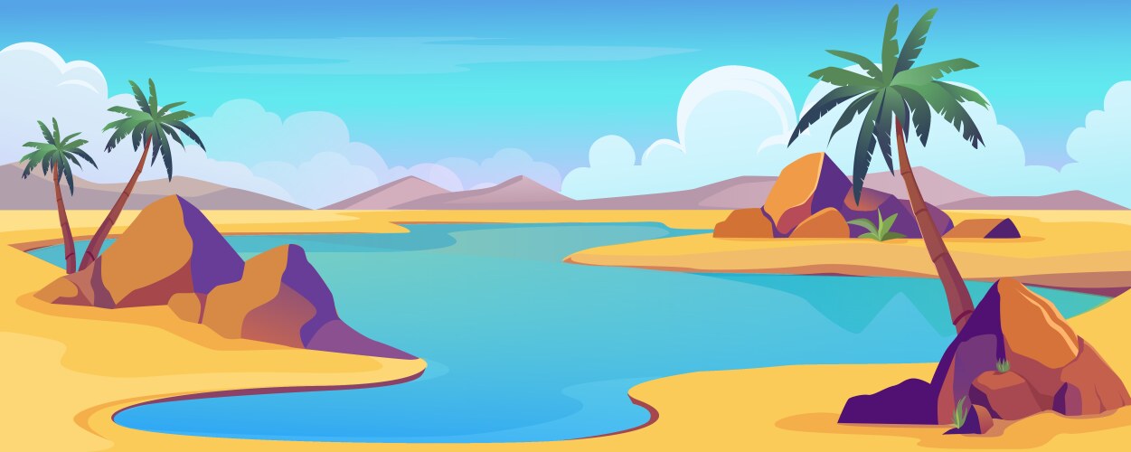 Oasis view in desert background banner in cartoon Vector Image