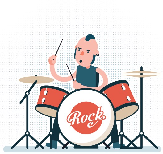 Wild drummer playing drum set cartoon Royalty Free Vector