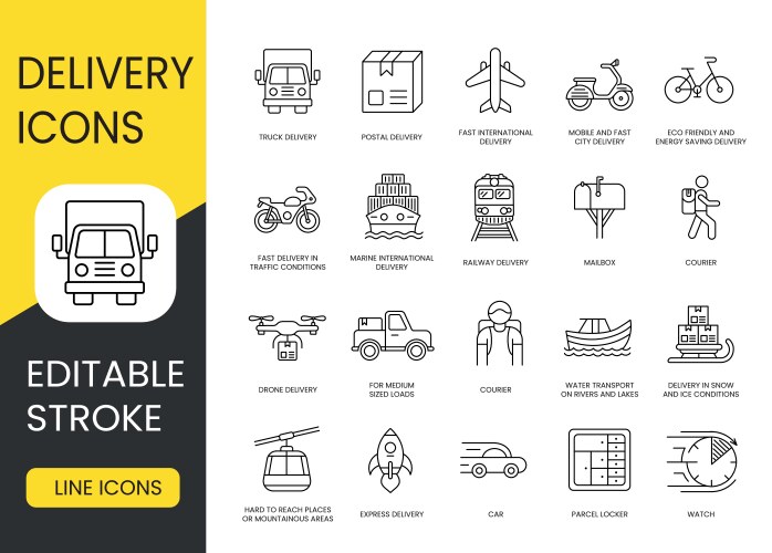 Types and methods of delivery line icons set Vector Image