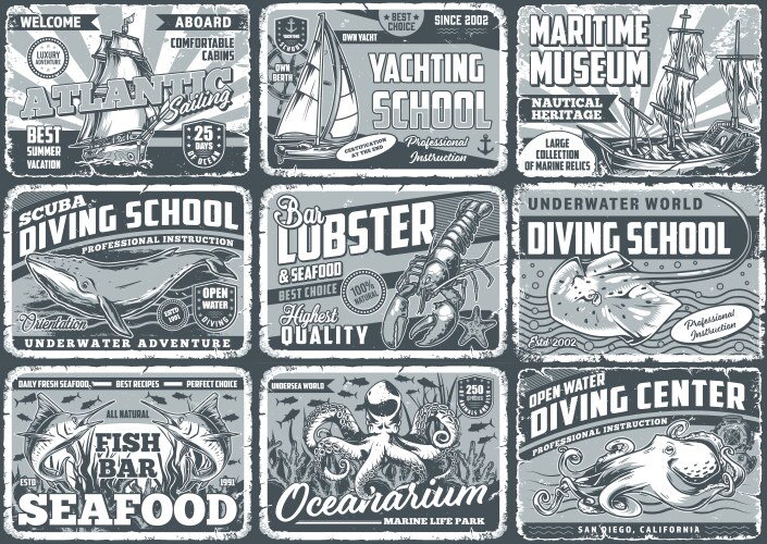 Ocean elements monochrome labels set Royalty Free Vector