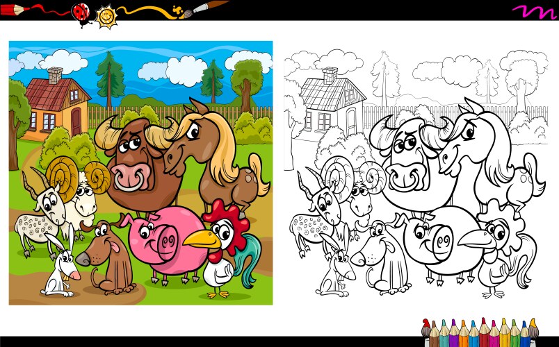 Farm animals cartoon for coloring book Royalty Free Vector