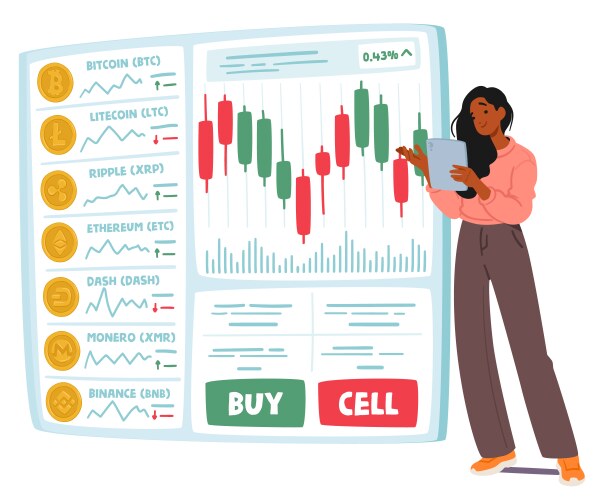 Female trader sitting on huge cryptocurrency pile Vector Image
