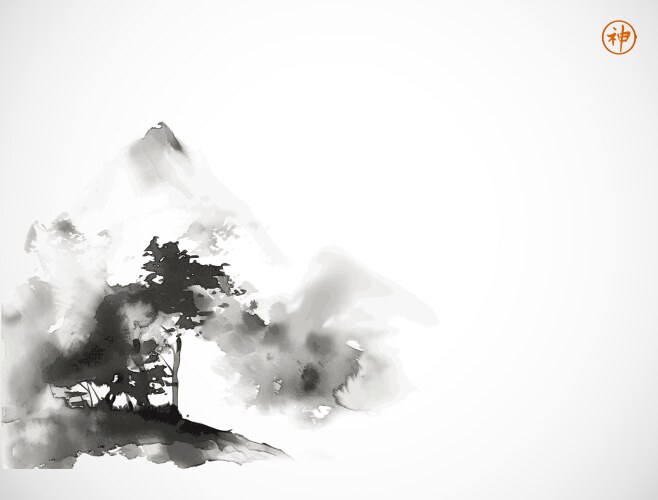 Misty mountain with forest trees traditional Vector Image