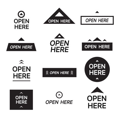 Open here sticker set black color Royalty Free Vector Image
