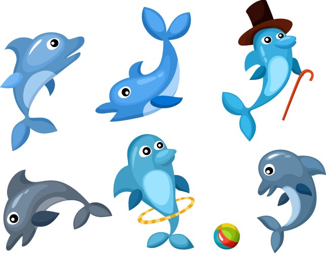 Cute cartoon dolphins set Royalty Free Vector Image Cute cartoon dolphins set Royalty Free Vector Image