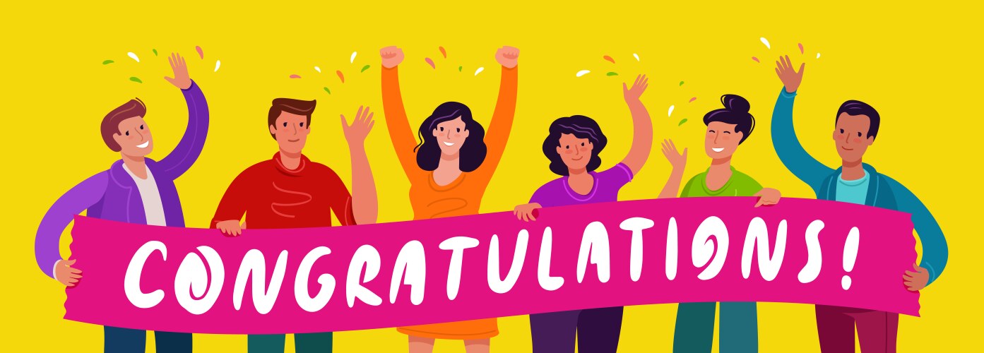 Happy people rejoice with raised hands smiling Vector Image