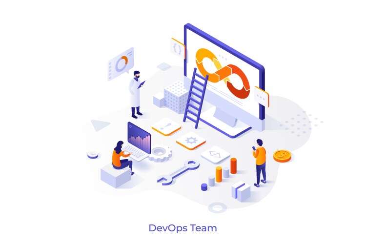 Devops concept 3d isometric web scene Royalty Free Vector