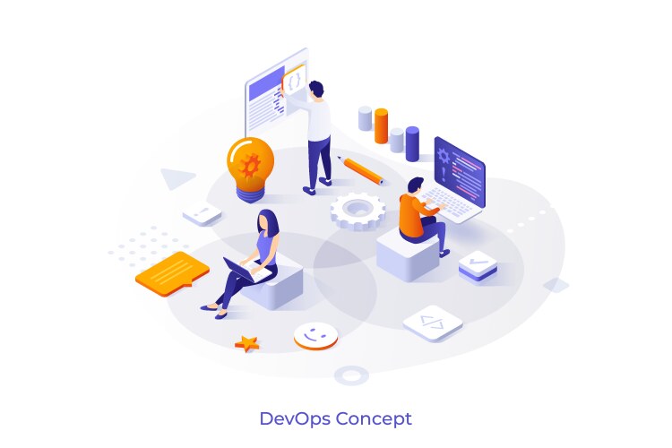 Devops concept 3d isometric web scene Royalty Free Vector