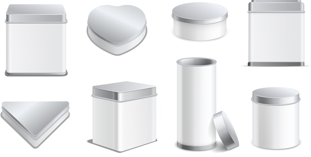 Realistic 3d tin boxes collection Royalty Free Vector Image