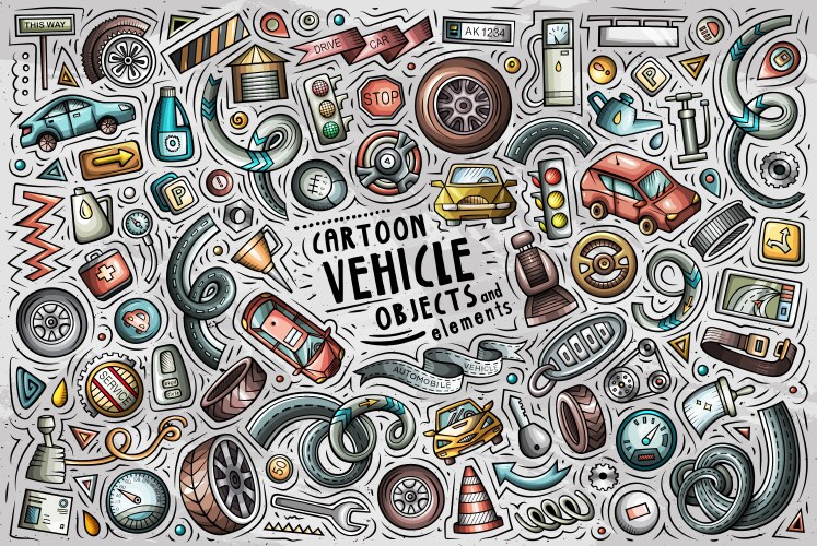 Cartoon set of automobile objects Royalty Free Vector Image