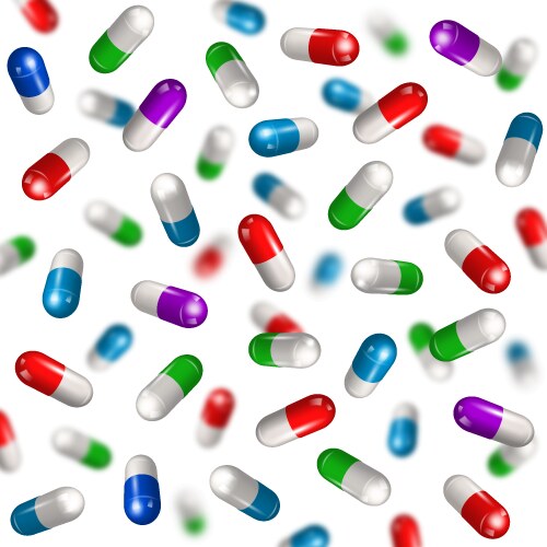 Colorful pills stacked symmetrically on a metal Vector Image