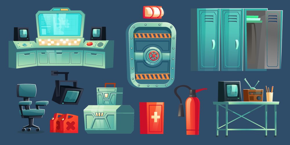 Underground bunker laboratory interior cartoon set