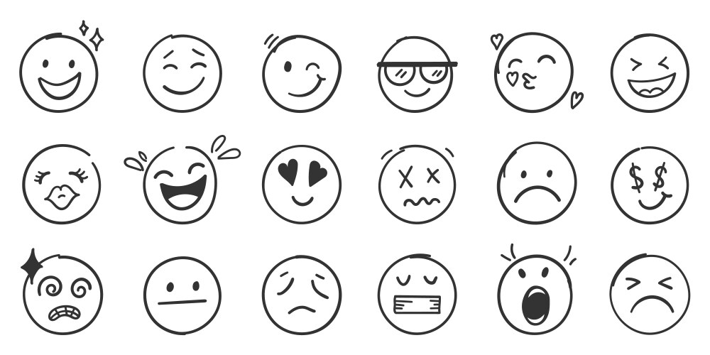 Hand drawn emoji doodle emoticons smile face Vector Image