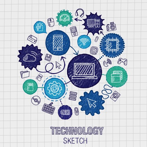 Technology hand drawing integrated sketch icons Vector Image