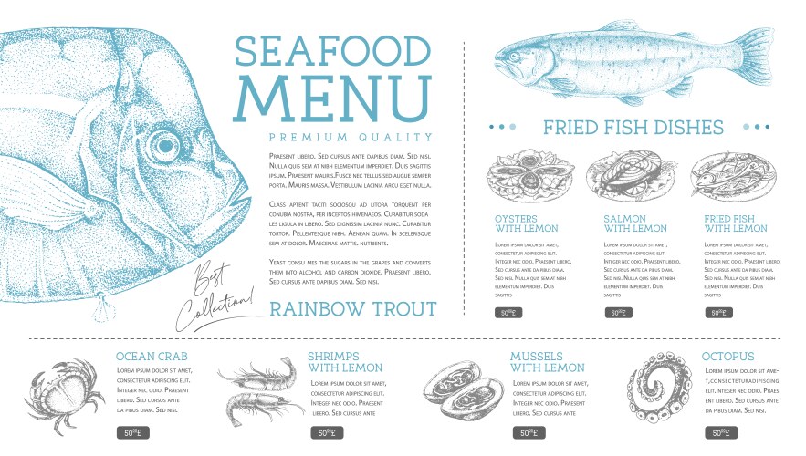 Seafood restaurant menu design with fish Vector Image