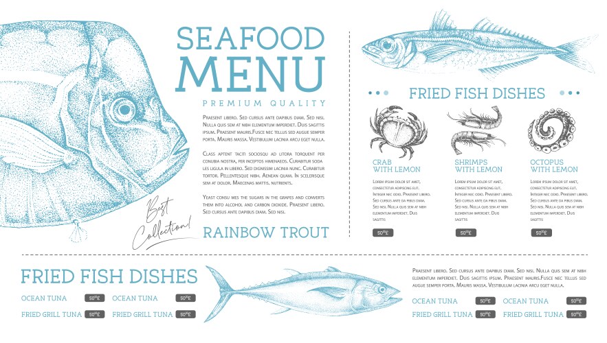 Fish menu template for your restaurant Royalty Free Vector