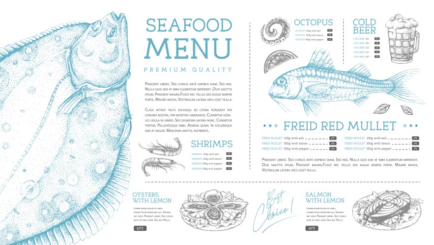 Seafood restaurant menu design with fish Vector Image