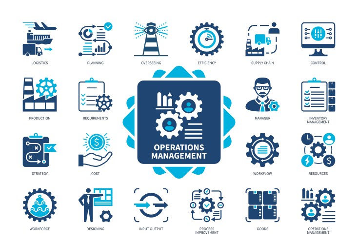 Operations management solid icon set Royalty Free Vector