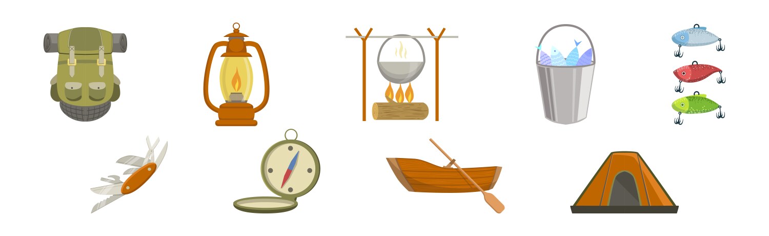 Outing and camping equipment object set Royalty Free Vector