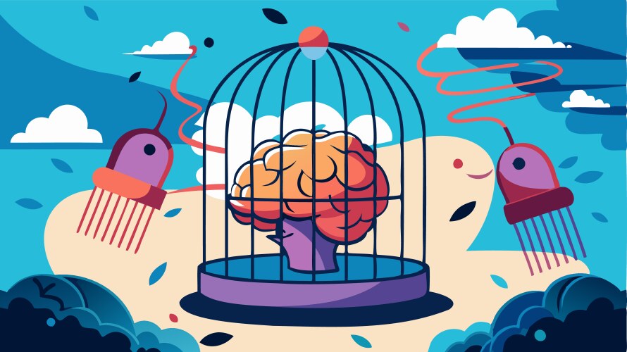 Brain trapped in birdcage Royalty Free Vector Image