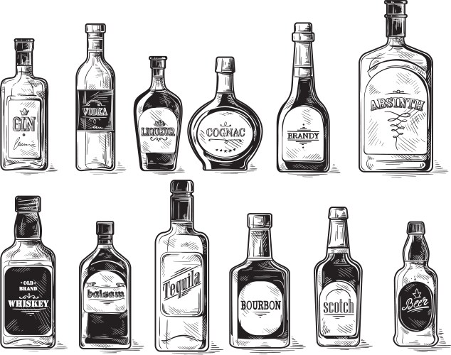 Bottles alcohol distilled beverage Royalty Free Vector Image