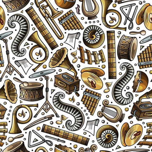 Cartoon hand-drawn musical instruments seamless Vector Image