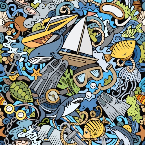 Cartoon doodles diving seamless pattern Royalty Free Vector