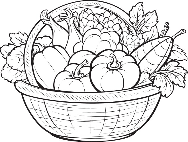 Veggie medley coloring pages overflowing Vector Image