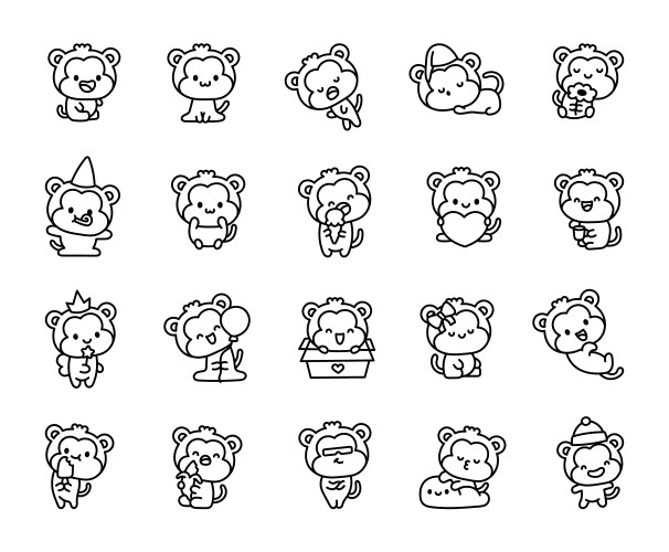 Adorable kawaii monkey coloring page Royalty Free Vector