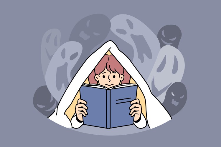 Scared girl terrified reading scary book Vector Image