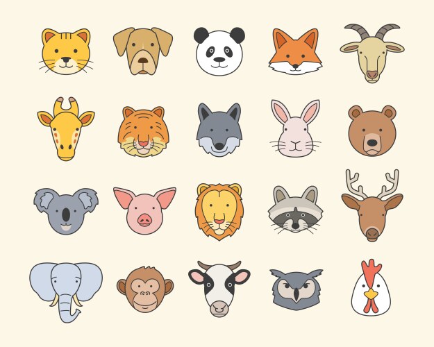 Animal face outline set Royalty Free Vector Image