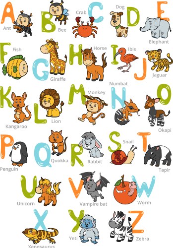 Black and white zoo alphabet with cute animals Vector Image
