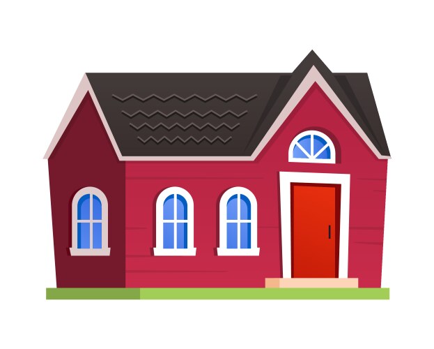 Red cartoon house exterior with blue clouded sky Vector Image