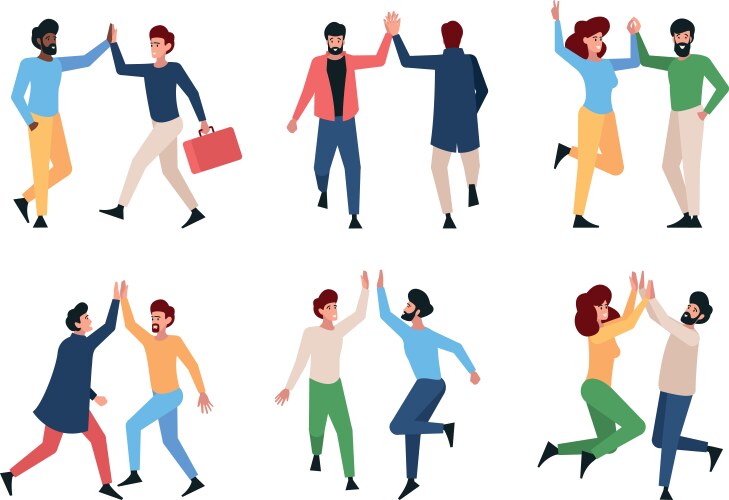 Happy business people give high five set scenes Vector Image