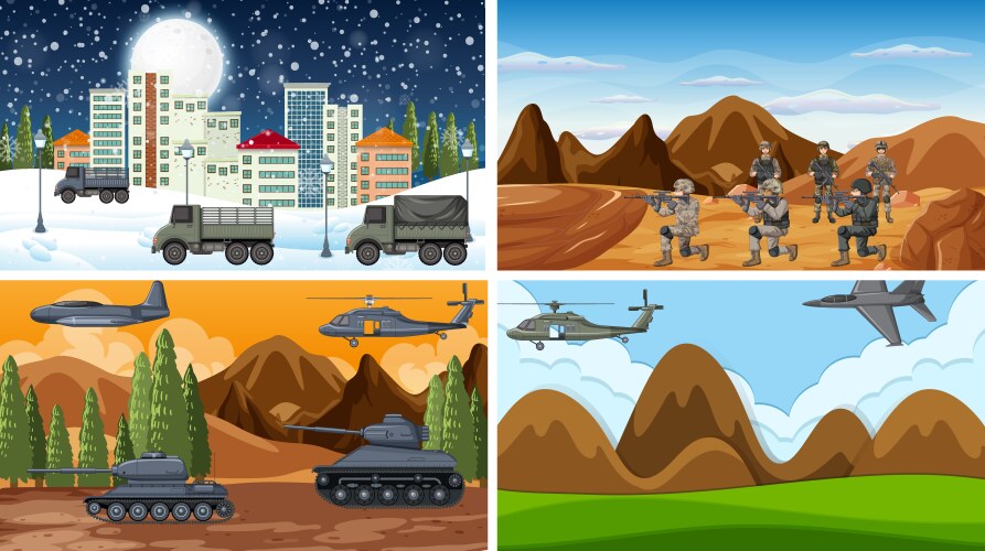 Set of different army war scenes Royalty Free Vector Image