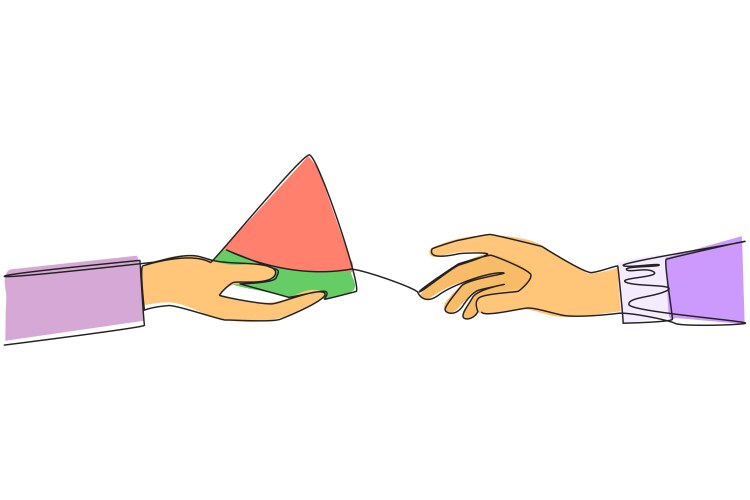 Single continuous line drawing hand giving slice Vector Image