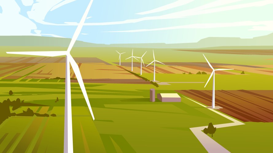 Sustainable energy farm with wind turbines Vector Image
