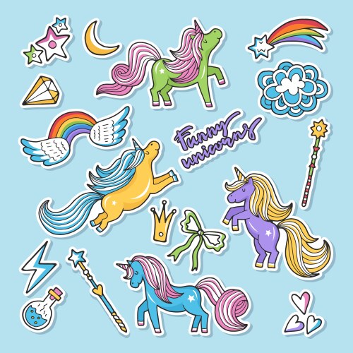 Magical cute unicorn stickers Royalty Free Vector Image